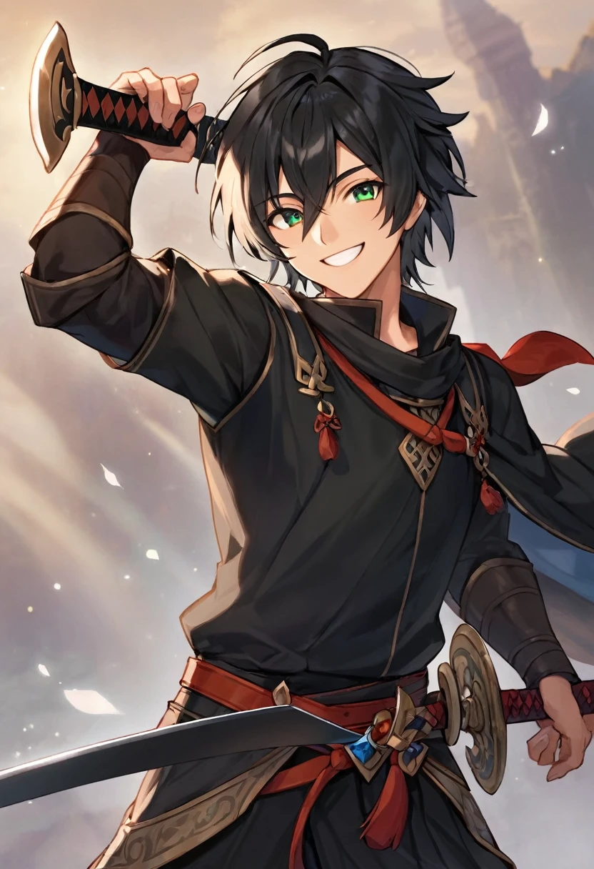 Human male, dnd, adventurer, black hair, black cloth,small smile ...