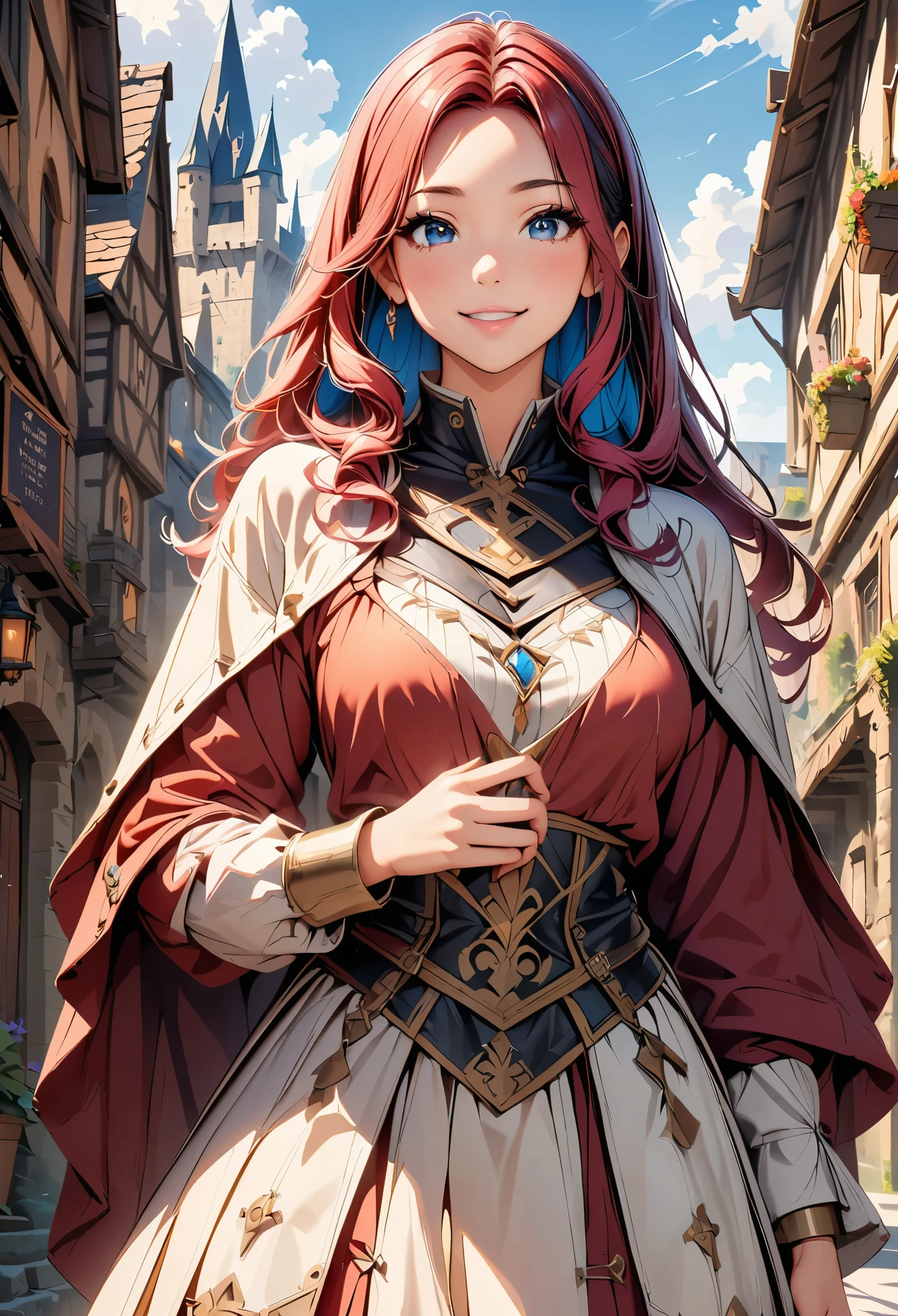 Woman with colored hair and detailed armor in medieval paladin dress ...