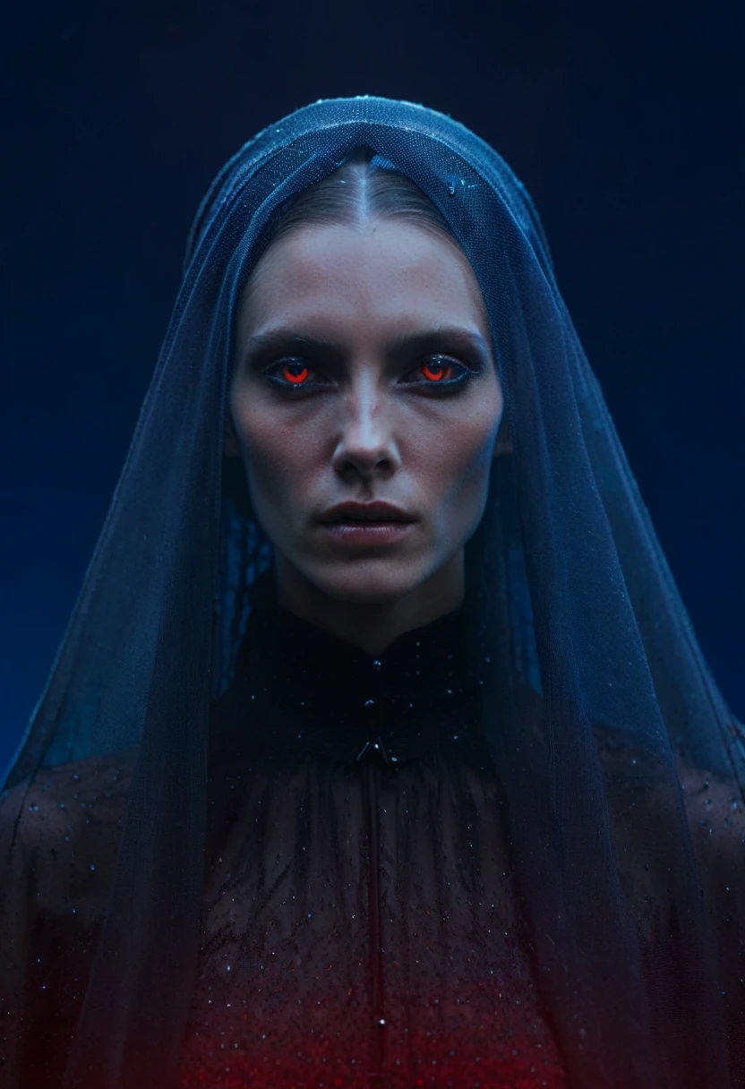 Fashionable portrait of androgynous alien looking witch wearing veil ...