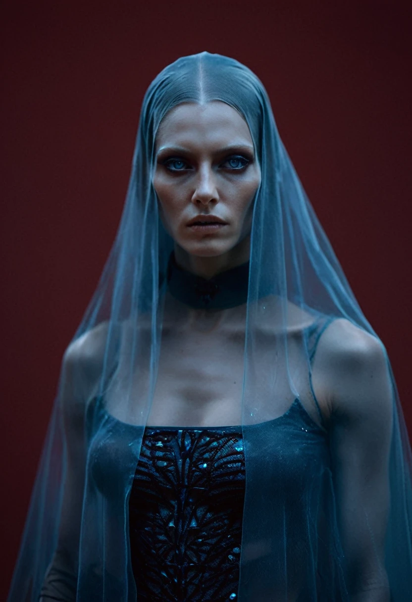 Fashionable of androgynous alien looking witch wearing veil, glowing ...