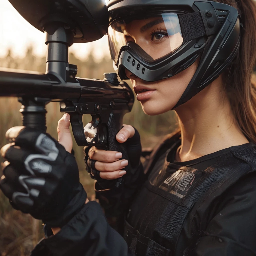 Close up image, a woman wearing a black paintball uniform, wearing a ...