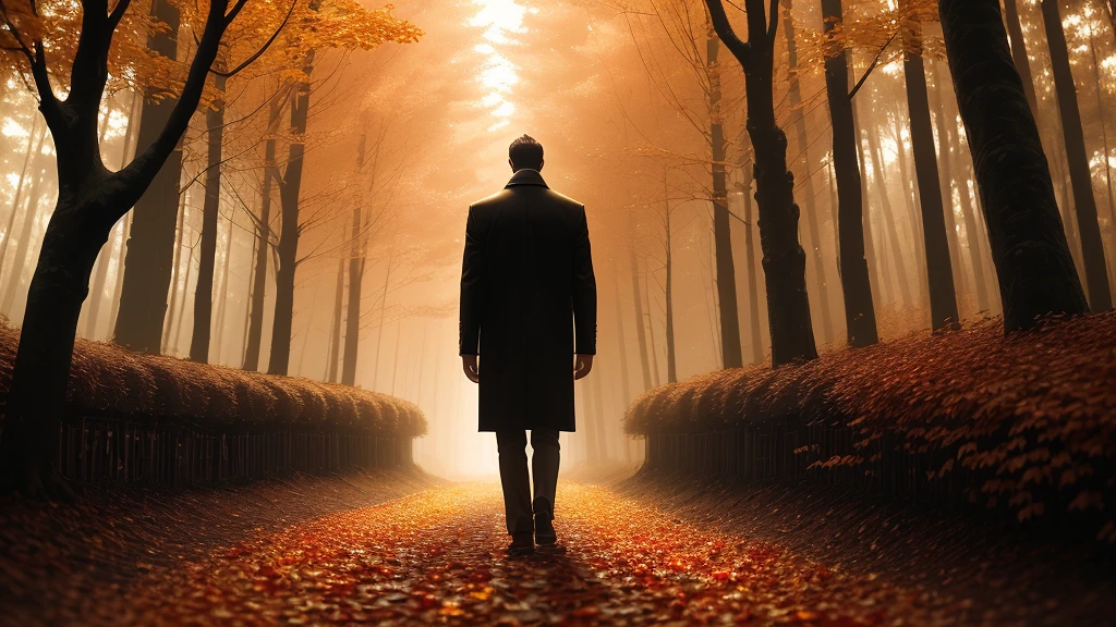 The man is now walking alone on a narrow forest path covered with ...