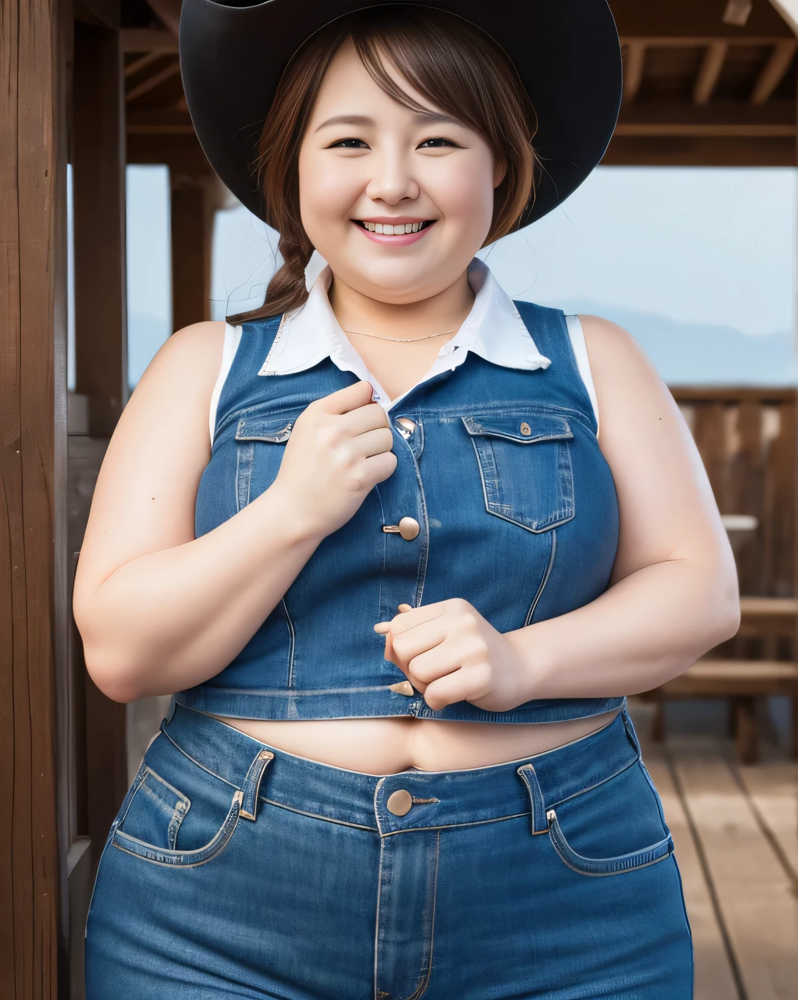 Arafed woman in a cowboy hat and denim overalls posing for a picture ...