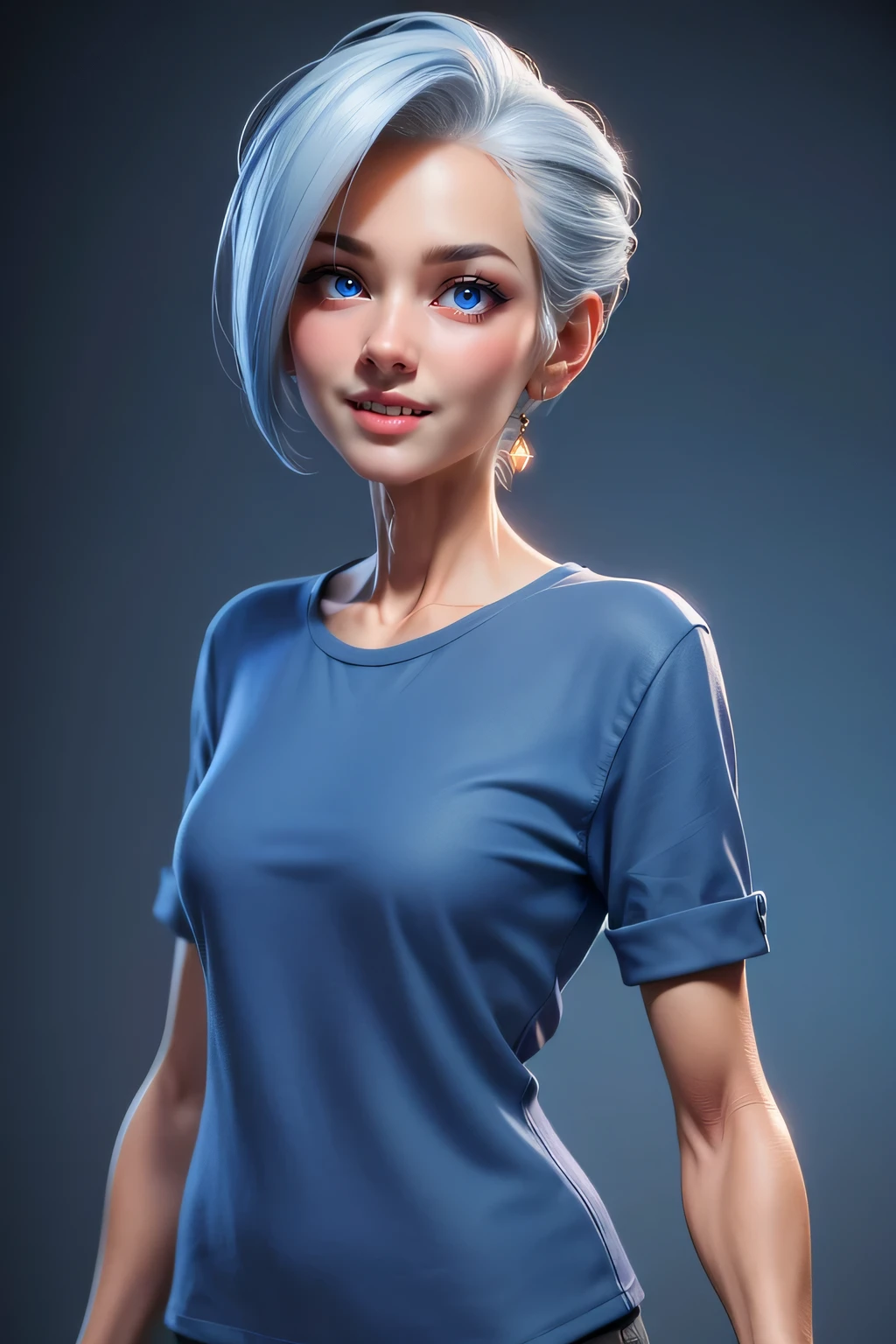 A woman with blue hair and a blue shirt posing for a photo - SeaArt AI