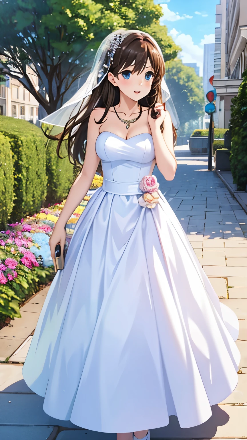 Anime - style image of a bride in a blue dress walking down a sidewalk ...