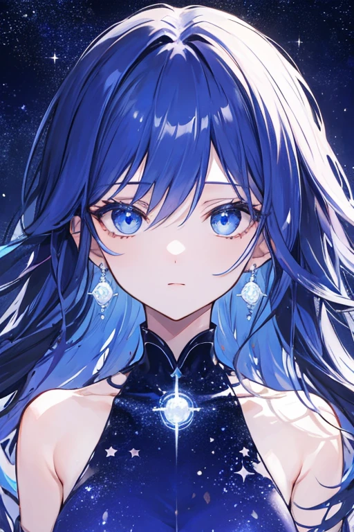 cosmic royal blue hair. your eyes are blue and reflect the galaxy ...