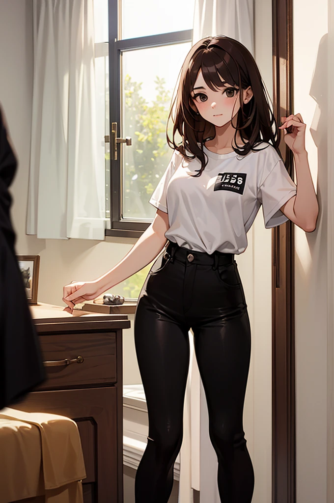 A 15 year old girl, Brown hair, black eyes, wear a long top and black pants - SeaArt AI