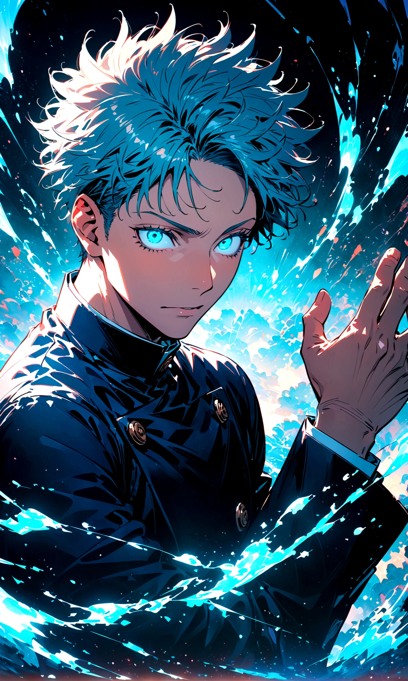 1 man,gojo satoru,jujutsu kaisen,gojo satoru uniform,Intricate details ...