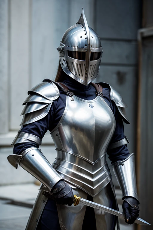 Female knight, silver armor, full suit of armor, helmet, wielding ...