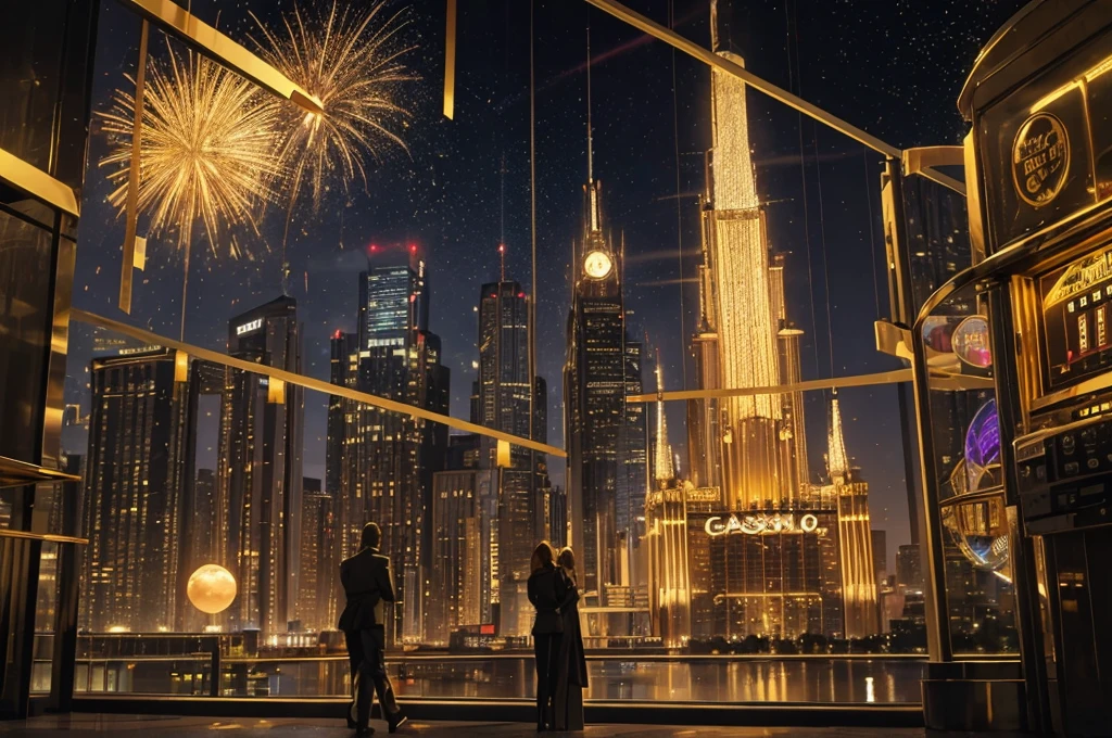 Gold casino, night, downtown, HDR, 4k resolution, gold moon, firework ...