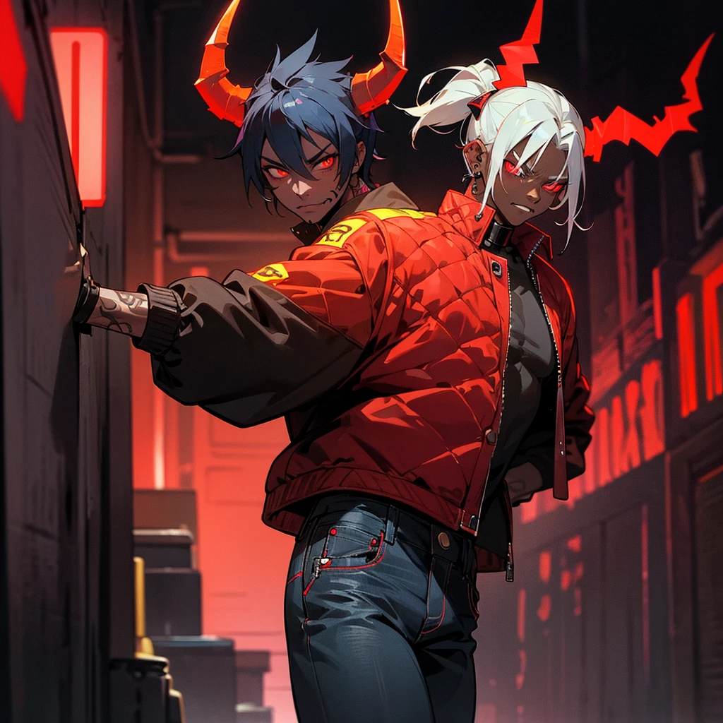 Young, muscular, black skin, thug, demonic appearance, red horns ...