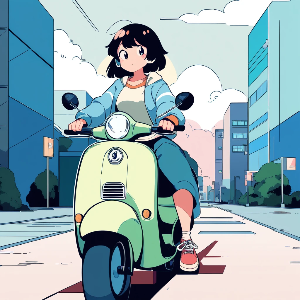 Girl riding a scooter, Lo-fi art style, anime aesthetic, feeling ...