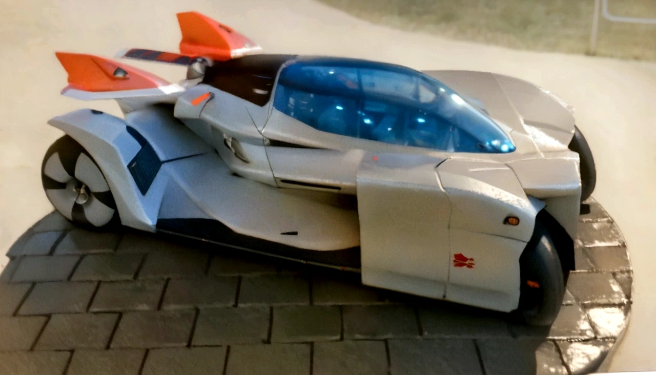 There is a futuristic car that is located on a stone base, prototype ...