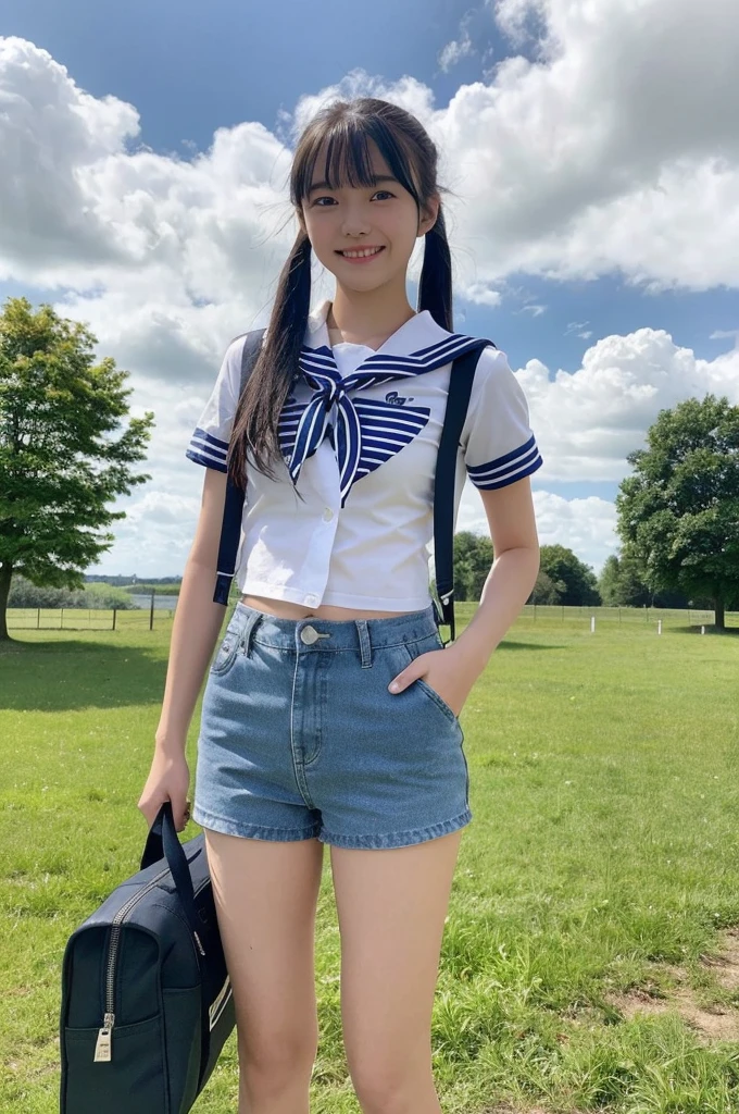 {1 | 2 | 3} girls standing in school field,cumulonimbus cloud in summer ...