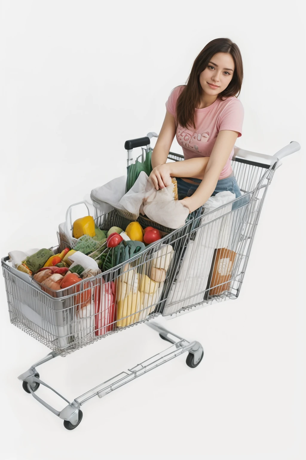 Woman pushing a shopping cart full of groceries, shopping groceries - SeaArt AI