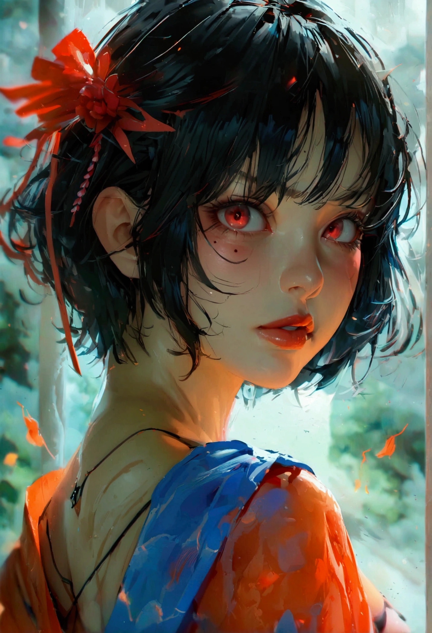 Black hair, swept bangs, cloud hair, kanzashi, mole under eye - SeaArt AI