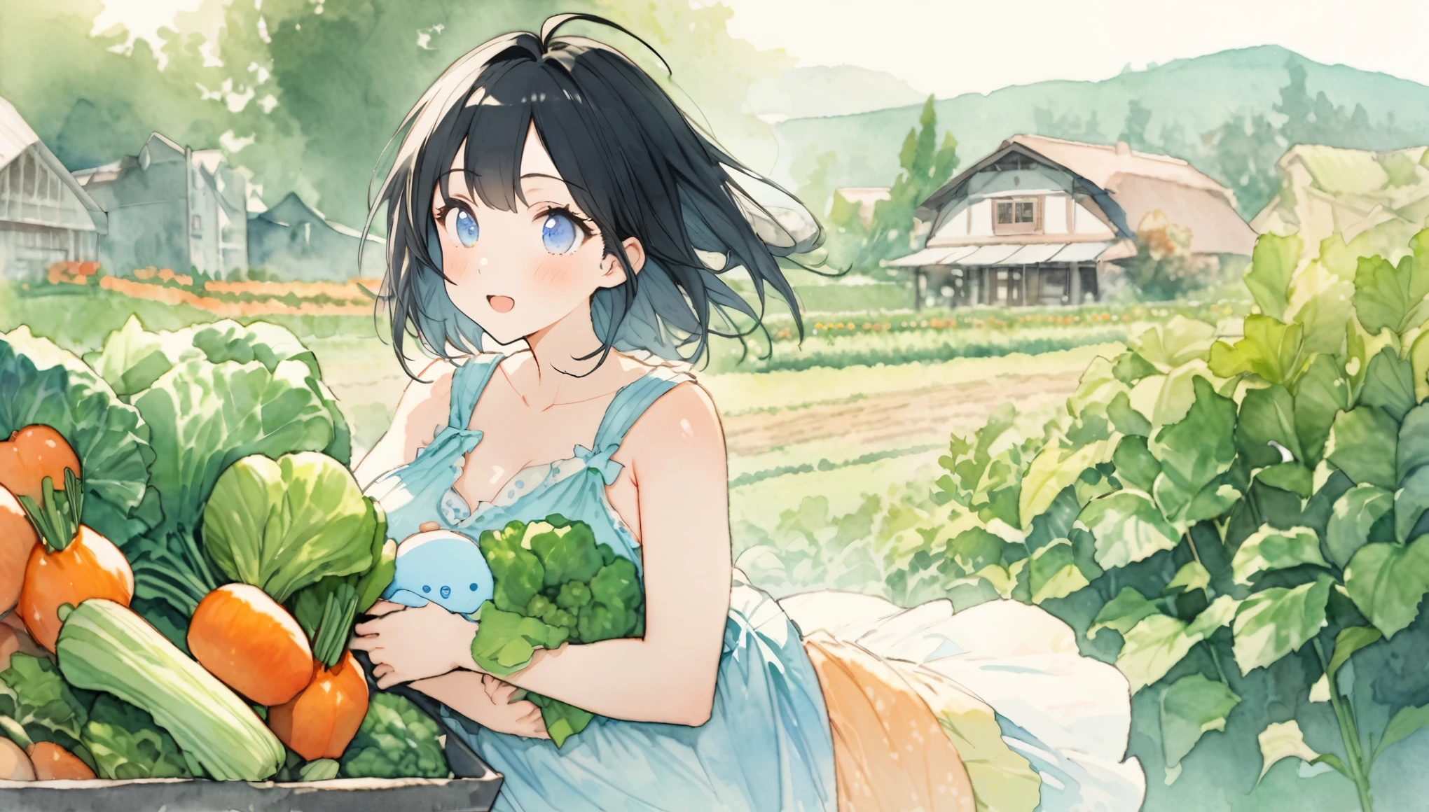 Anime girl with vegetables in a box in a field - SeaArt AI