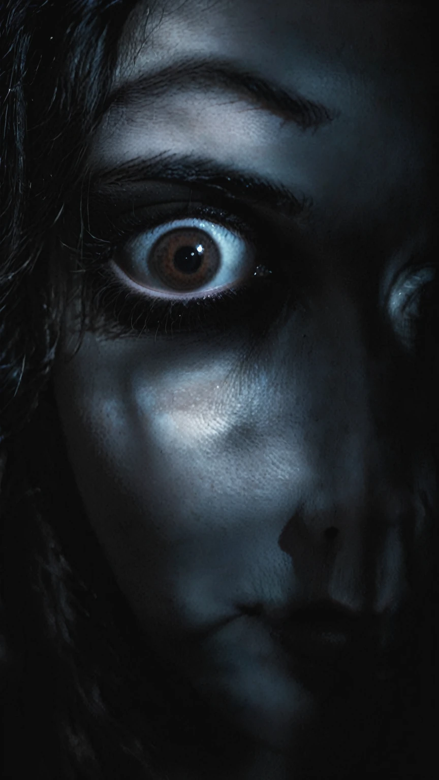 A blurry close up of a person with a creepy black eye and long ...