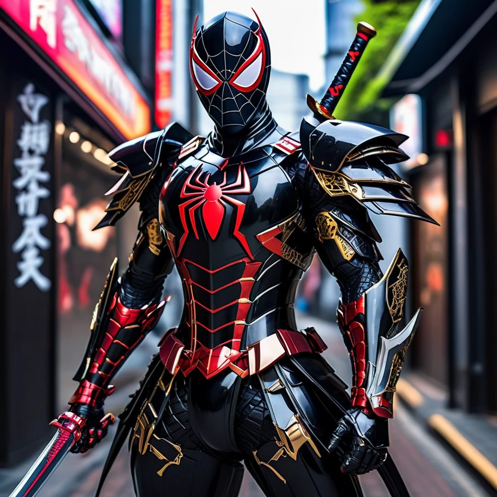 Araffe dressed in a black suit holding a sword, Spiderman cyborg ...