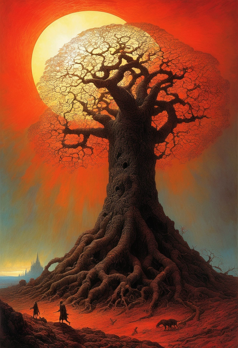 Mythical creatures, author：Zdzislaw Beksiński, Giant cherry tree ...