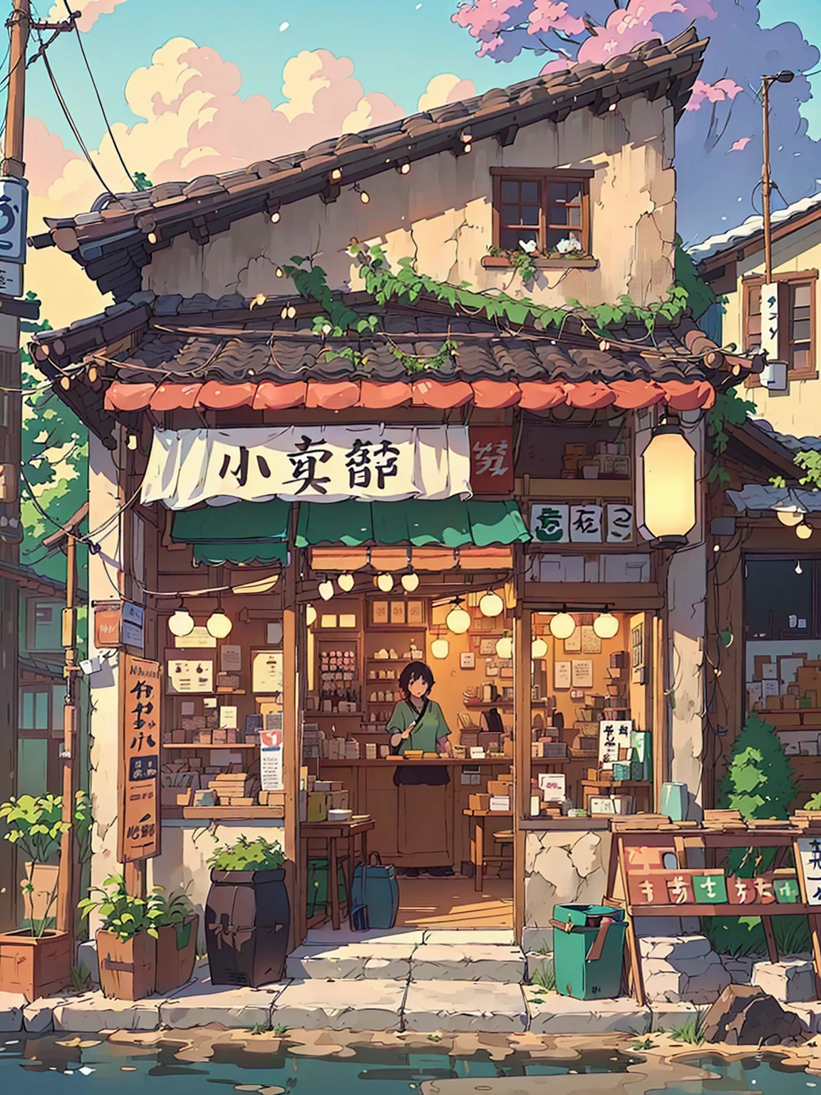 Anime style illustration of a small Japanese restaurant，There is a sign ...