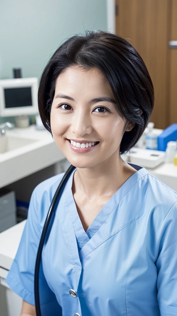 Dentist wearing white medical scrubs Japanese black hair 50s Upper body ...