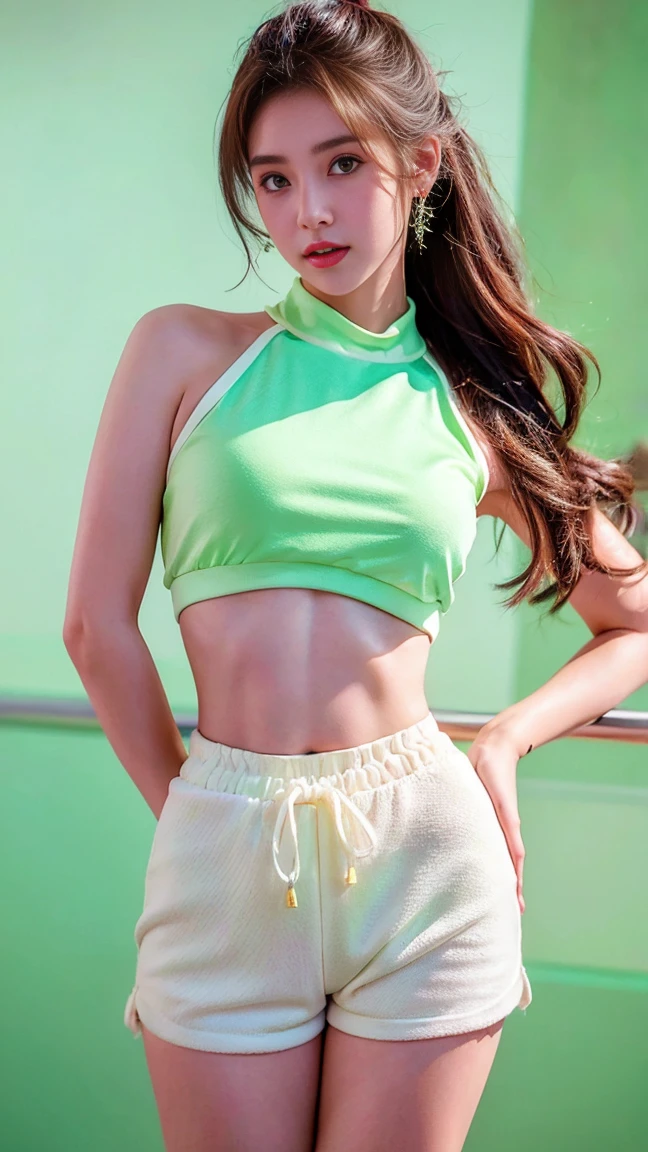 A girl in white and green shorts,in the style of artgerm,honeycore - SeaArt AI