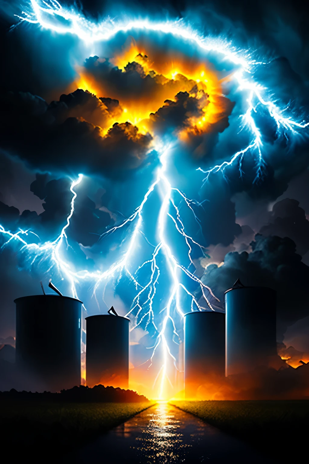A lightning storm over a city with two silos and a sky - SeaArt AI