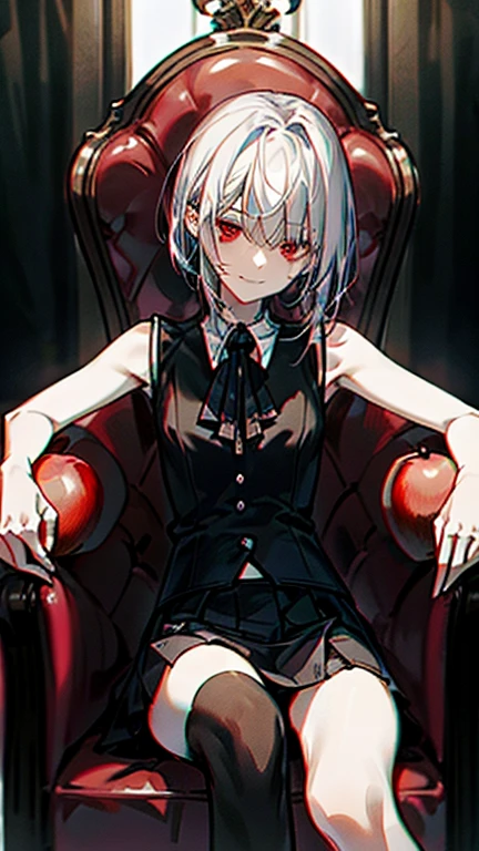 Anime girl sitting in a red chair with a bunch of white skulls - SeaArt AI