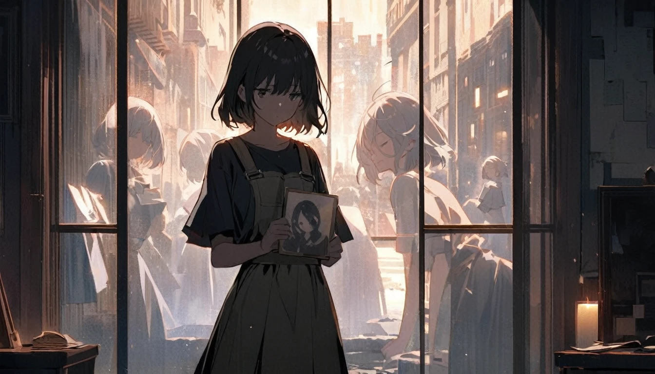 An anime girl standing alone in a dimly lit room, with a melancholic ...