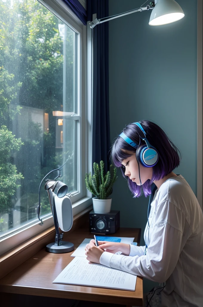 Lofi girl writing and studying on the table under a study lamp wearing ...