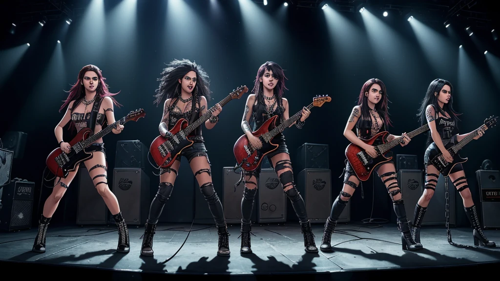 A heavy metal band of 4 young women, edgy punk rock style, gritty ...
