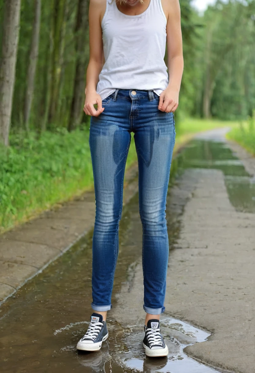 Blonde woman, blue eyes, inviting smile, skinny jeans, converse chuck ...