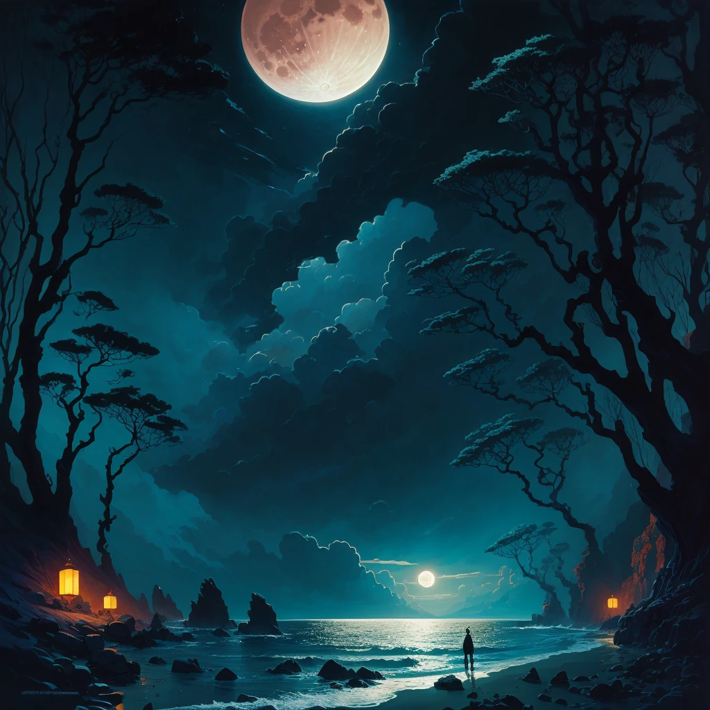 Painting of a full moon over a beach with rocks and trees, an airbrush ...