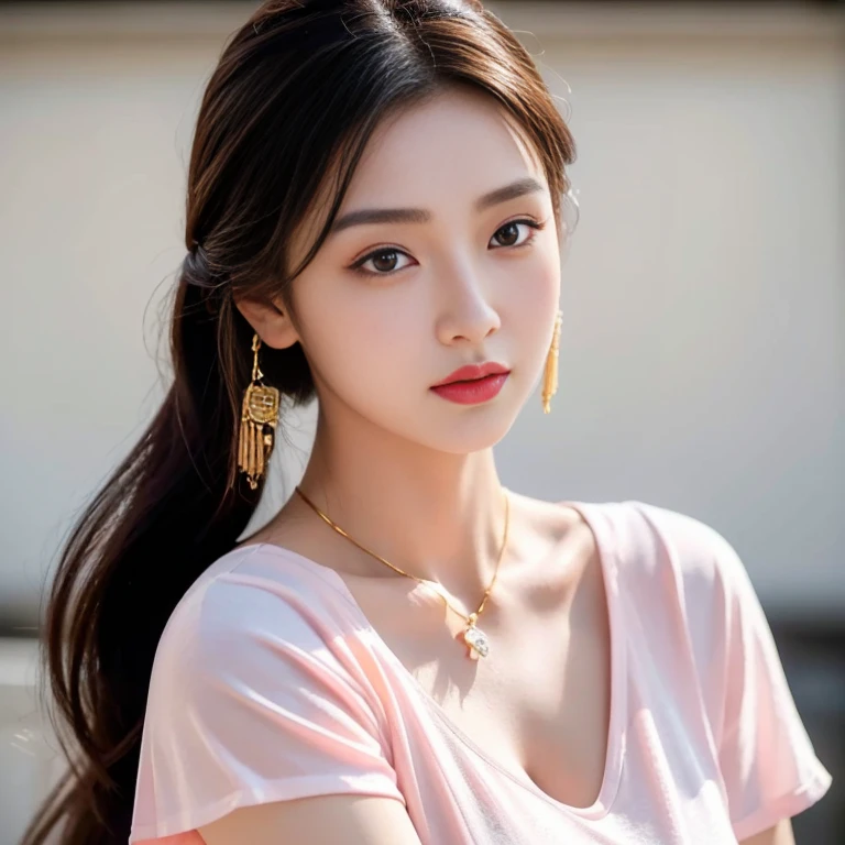 Arafe woman with long brown hair wearing a red shirt, Ruean Jia is very ...