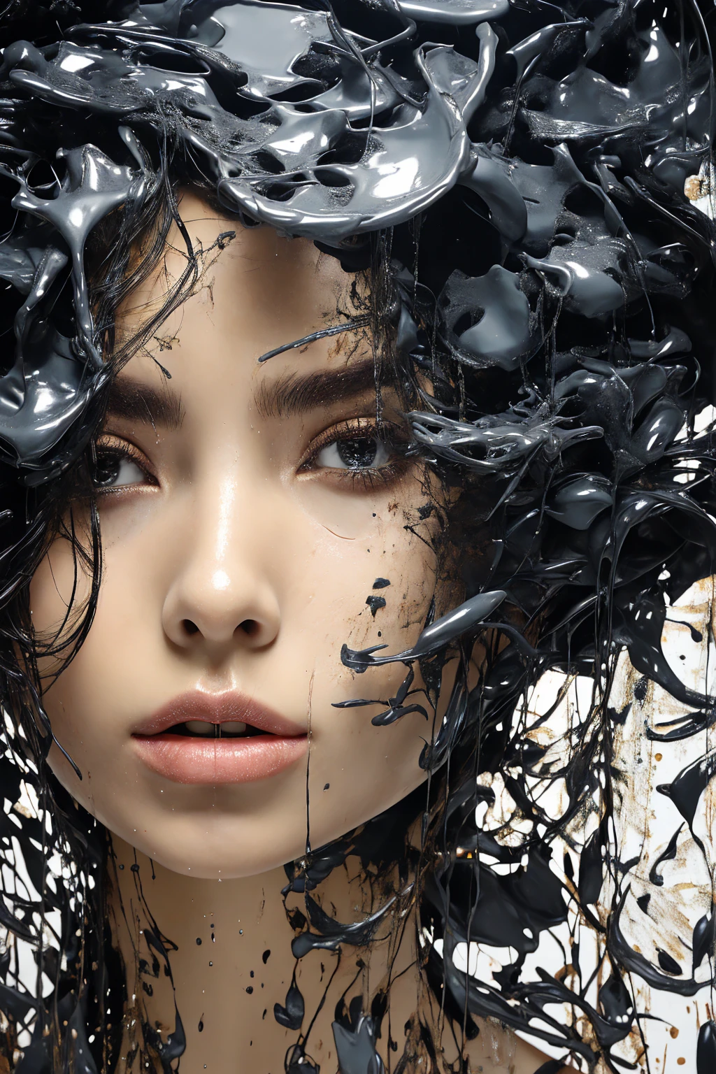 Night, Attractive woman face fading away, 创造出mystery的液体阴影漩涡. Abstract ...