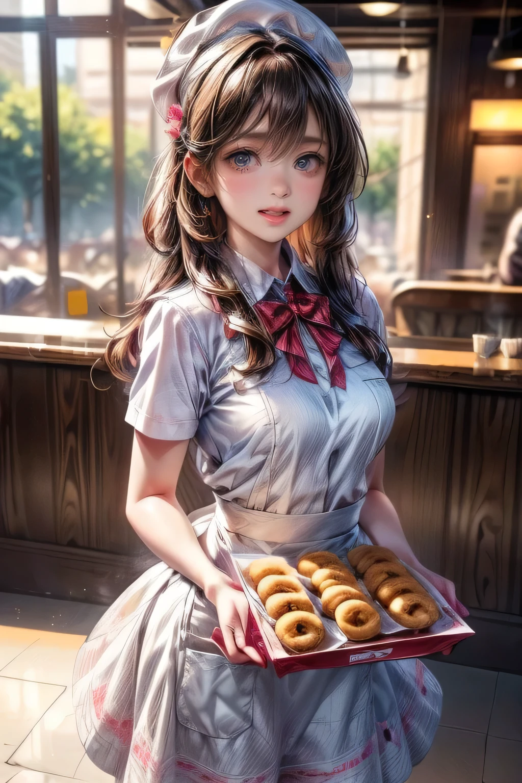 A close up of a woman holding a tray of doughnuts - SeaArt AI