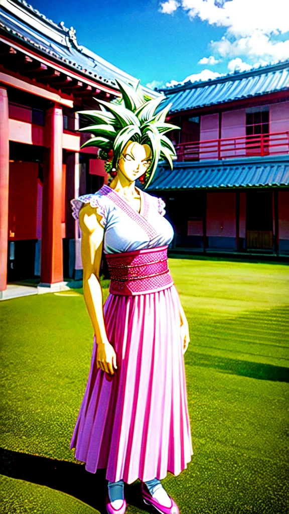 Kefla,wearing a white lace blouse and a pink skirt, standing in front ...