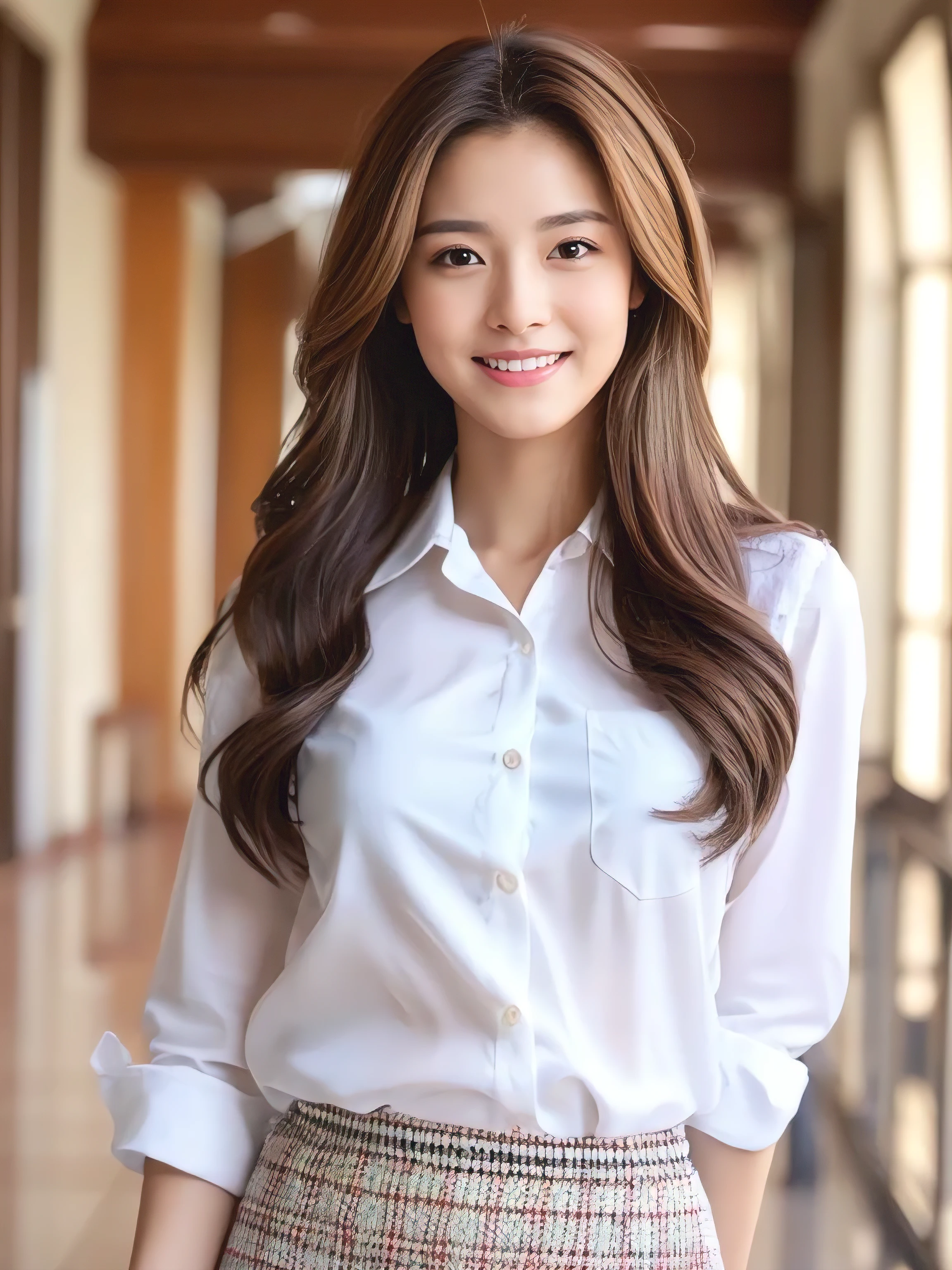 A close up of a woman in a skirt and a white shirt - SeaArt AI