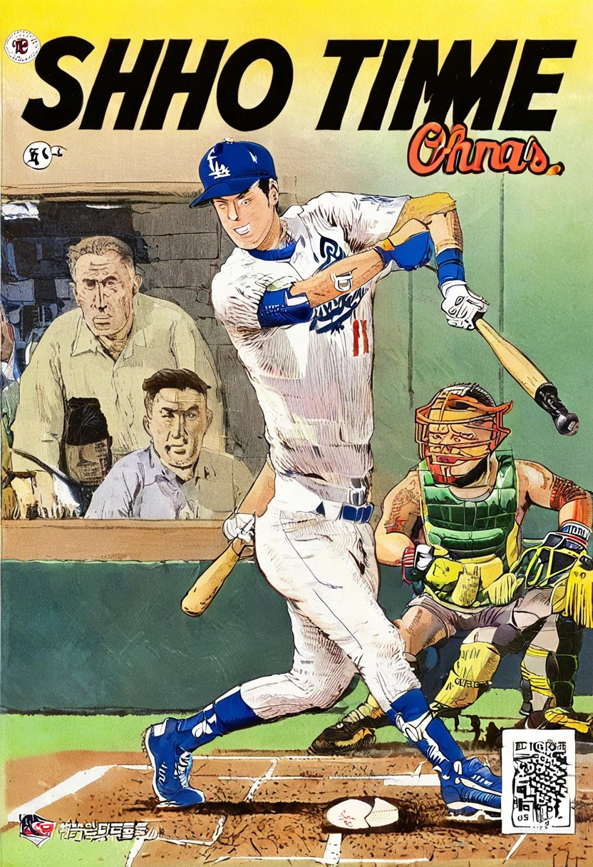 Shohei Ohtani、Left bat、Dodgers、batting stance、Vintage comic book with ...