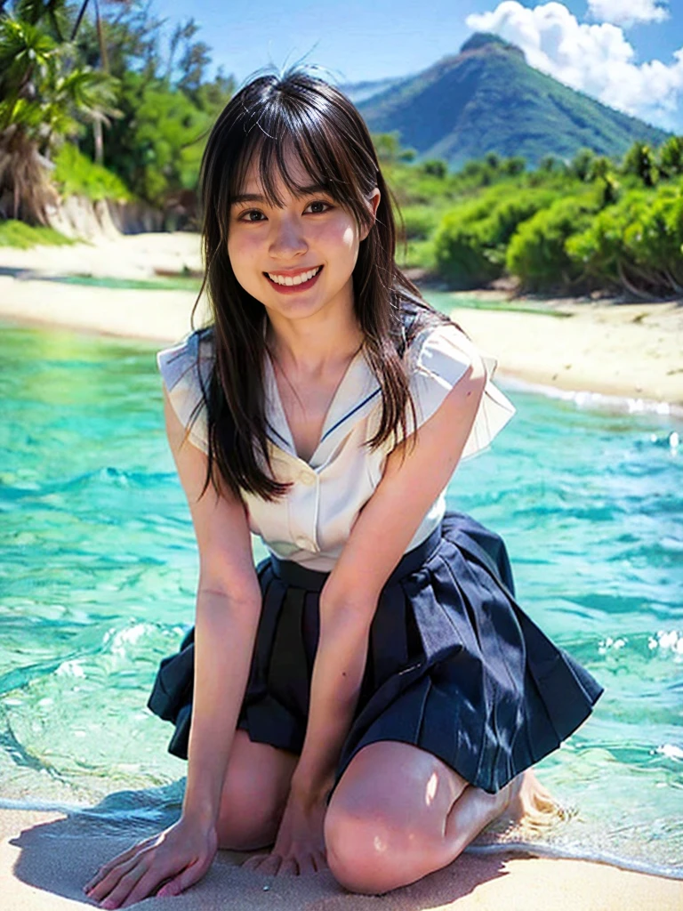 (((sunny day、Japanese 、Beach、A strong wind is blowing、Her hair and ...