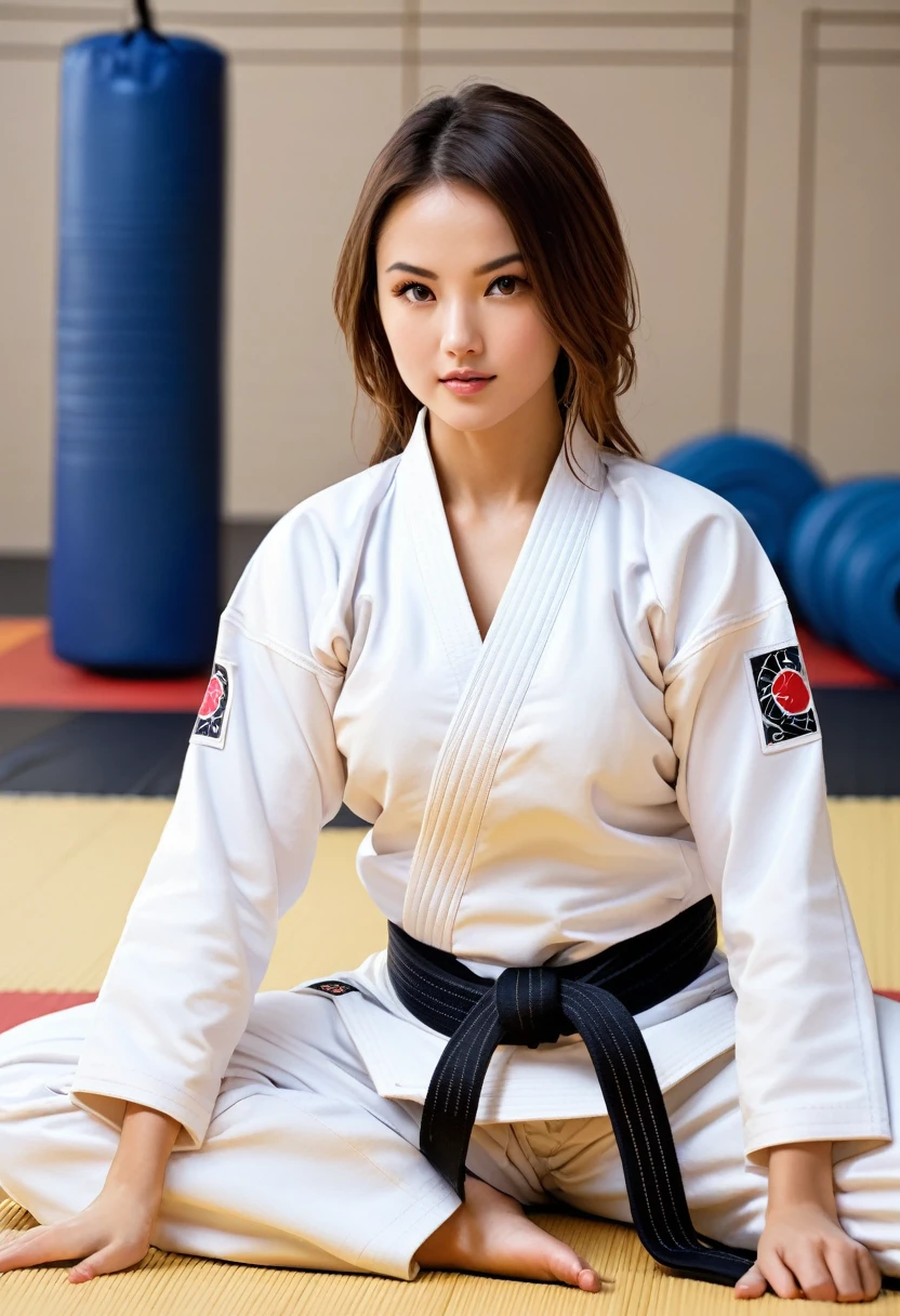 ((ジムのマッチリング, 畳の上の柔道場で競い合う2人の美しい女性:1.2)), ホールボディ, (((柔道の構え:1.2 - SeaArt AI