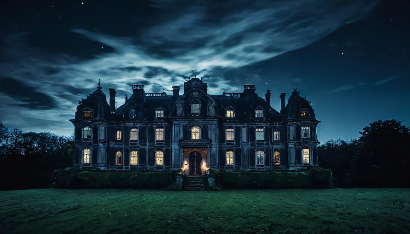 A towering, dilapidated manor house under a moonlit sky, with dark ...