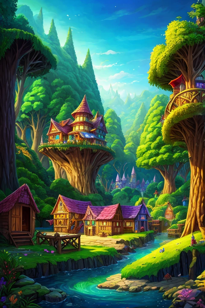 Colorful woods，Cartoon illustration of fantasy forest with tree house ...