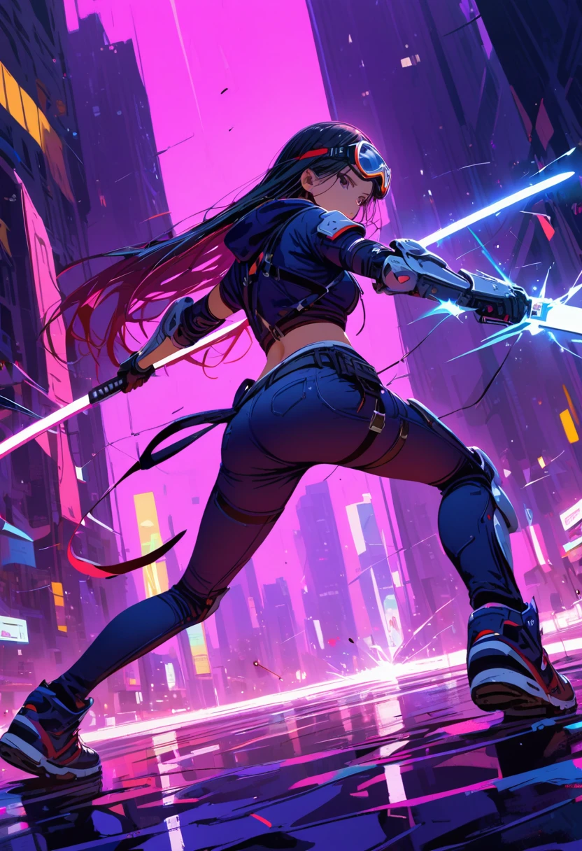 Woman，Comic Style，Robotic Arm，Ray Tracing，CG，Neon,goggles,Samurai sword ...