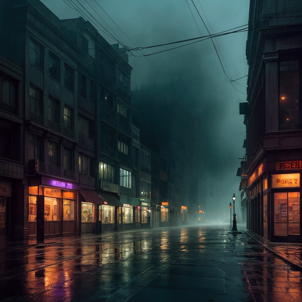 A desolate city street corner with flickering streetlights and empty ...