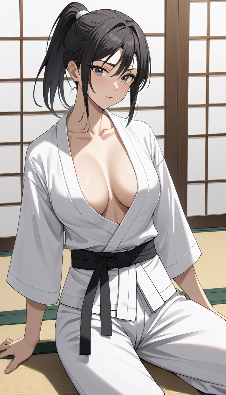 Slender female karateka Mature Woman ((seiza)) Open chest Karate Dojo Black Hair - SeaArt AI