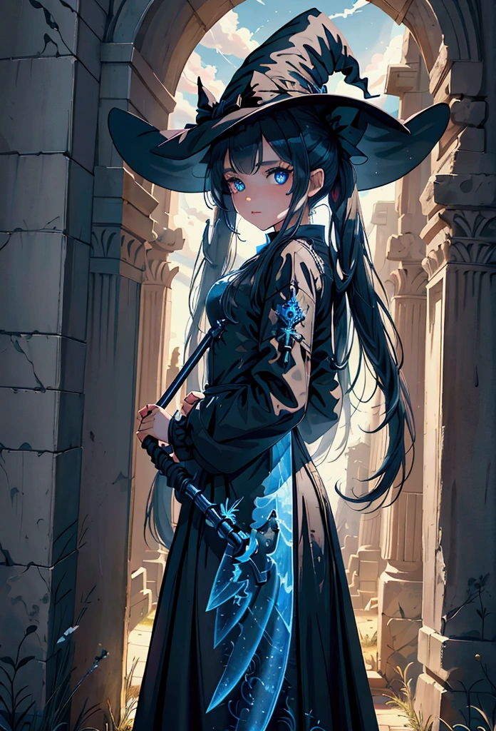 A young girl with twin tails wearing a witch hat, holding a scythe with ...