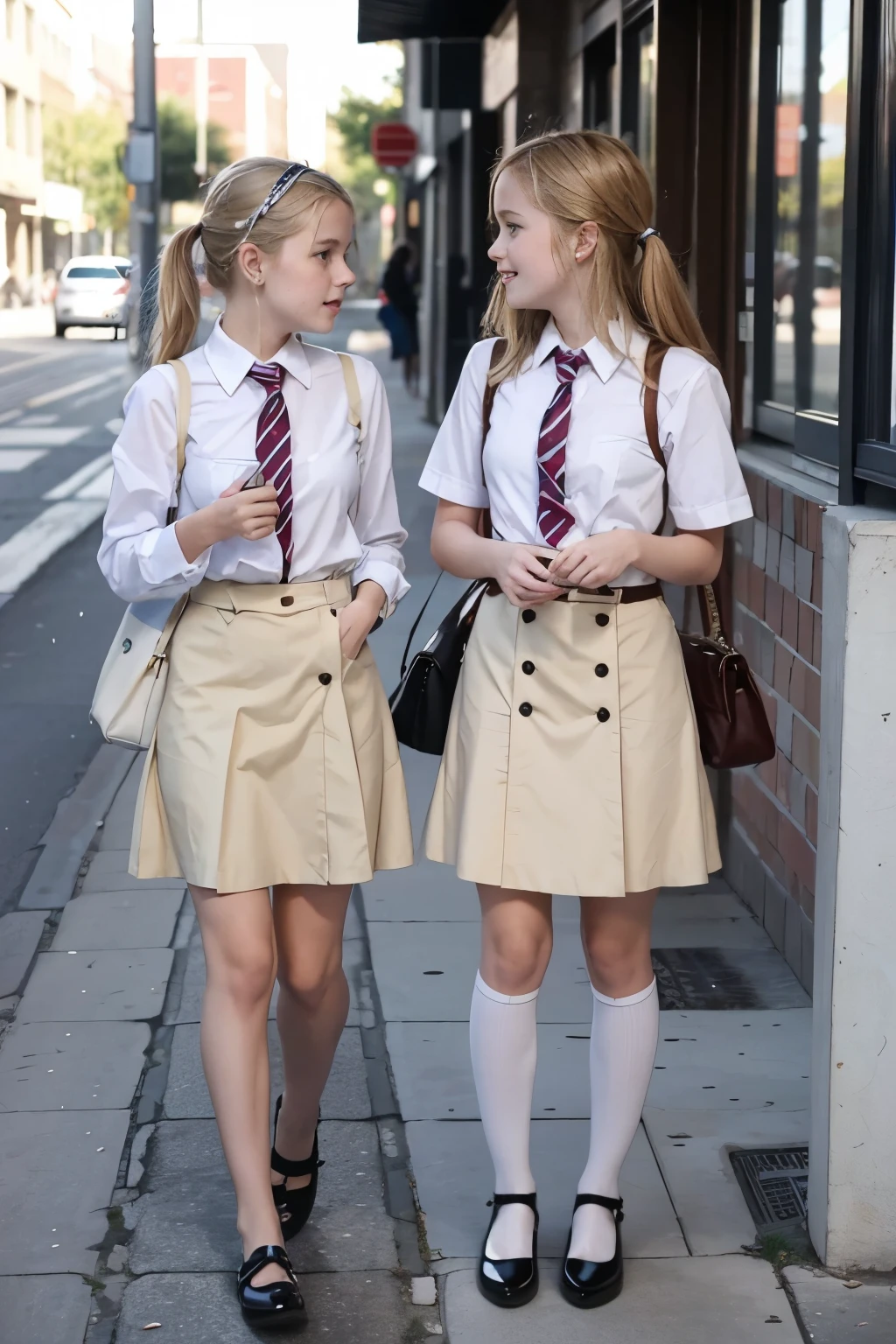 Two girls in school uniforms are standing on the sidewalk - SeaArt AI