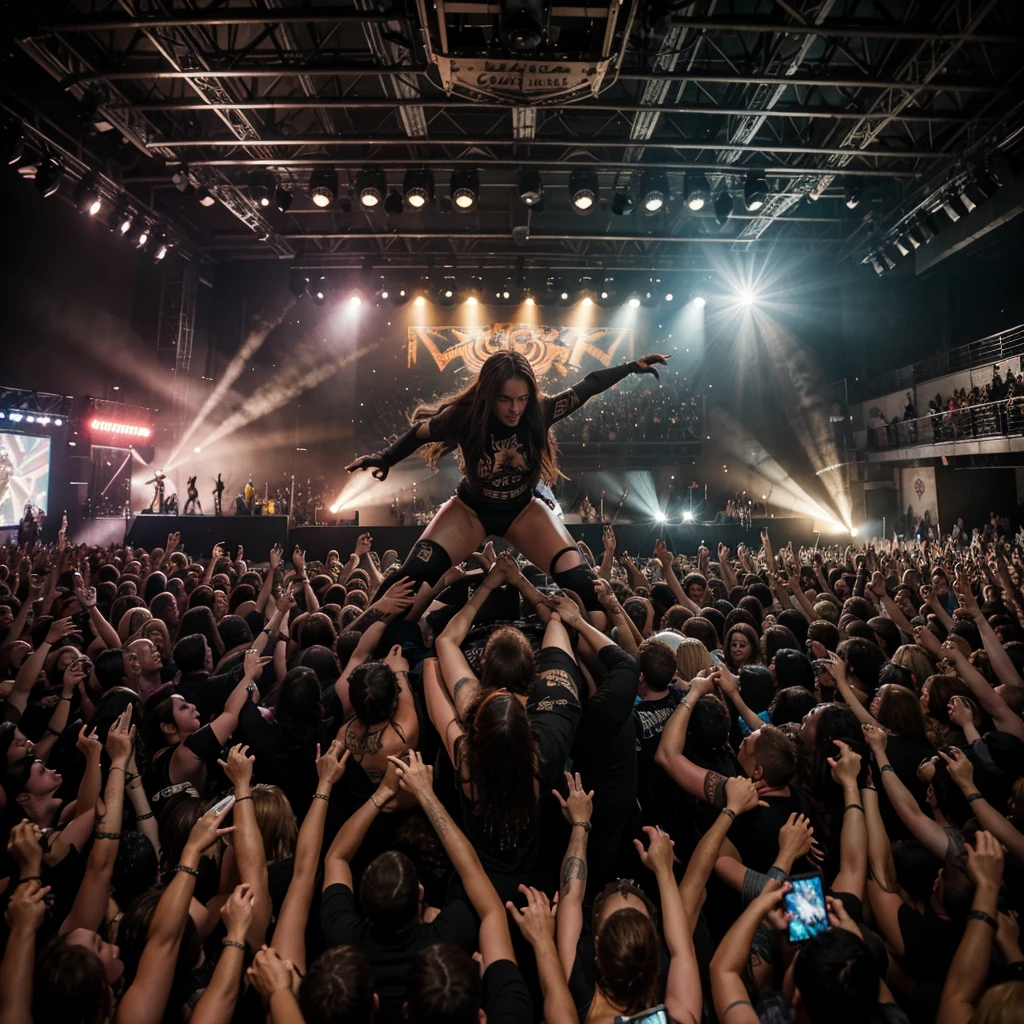 A hardcore female mosh pit, energetic heavy metal band performing on ...